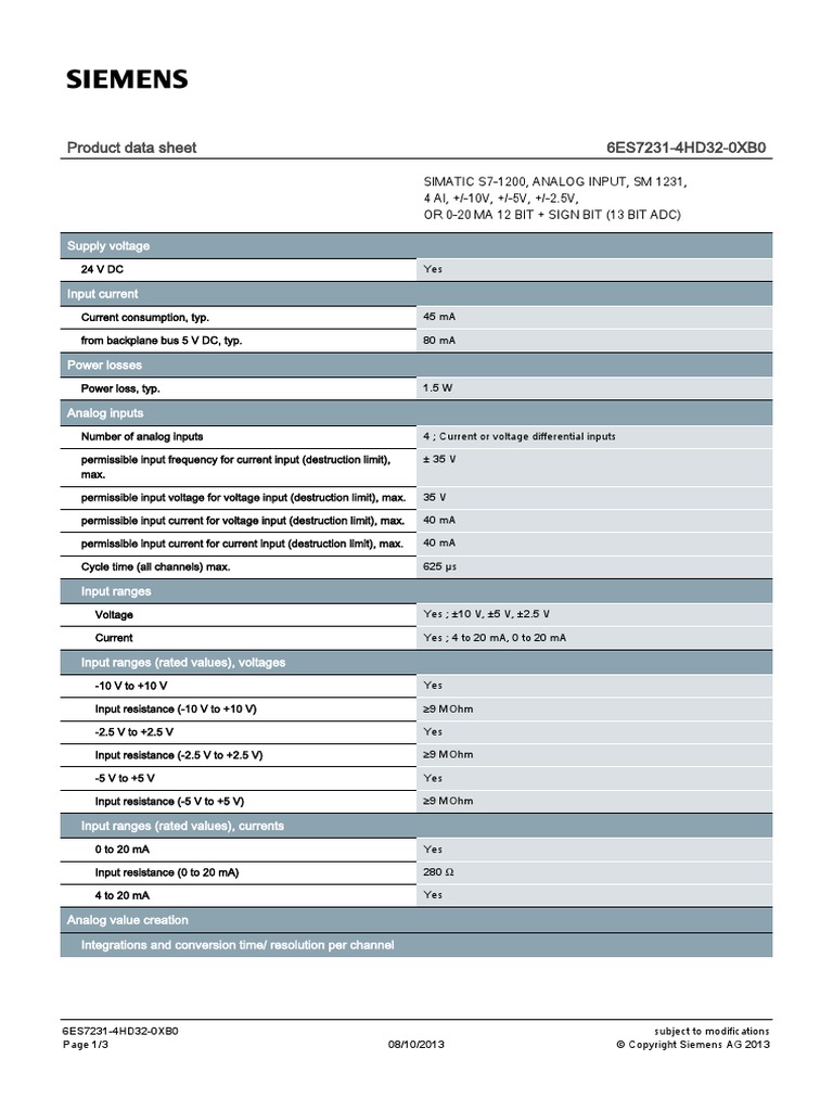 SM 1231 Analog Input Module Datasheet | PDF | Electronic Engineering ...