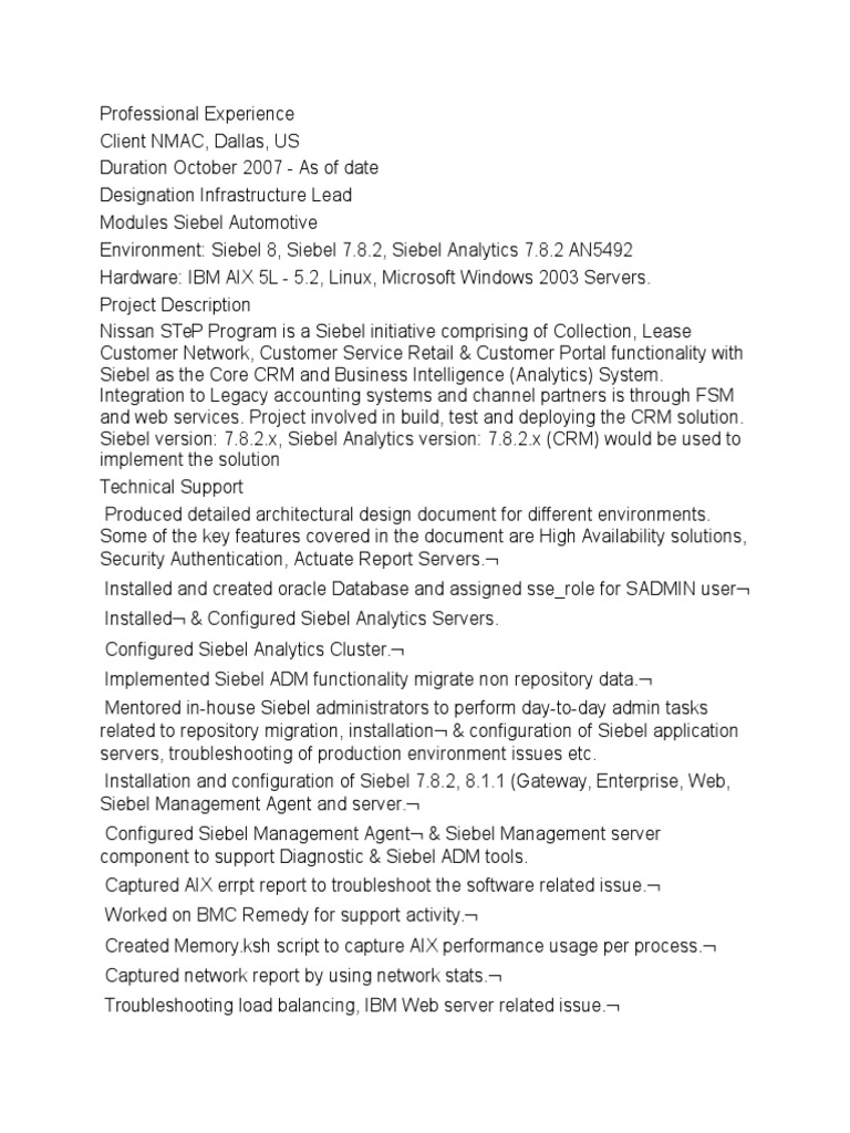 Siebel Resumes | PDF | Oracle Database | Microsoft Sql Server