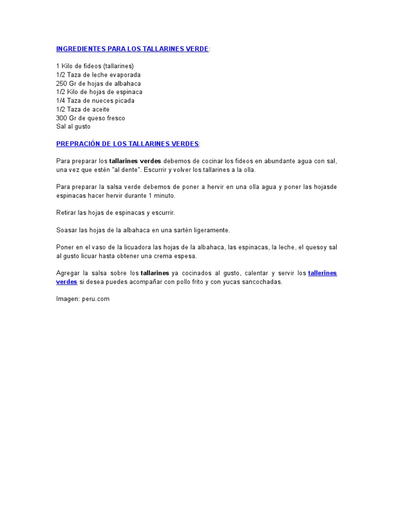 Ingredientes para Los Tallarines Verde | PDF | Pelo | Albahaca