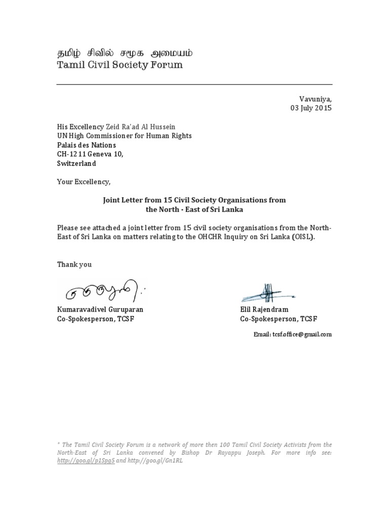 Joint Letter To OHCHR On OISL (With Covering Letter) | PDF | United ...