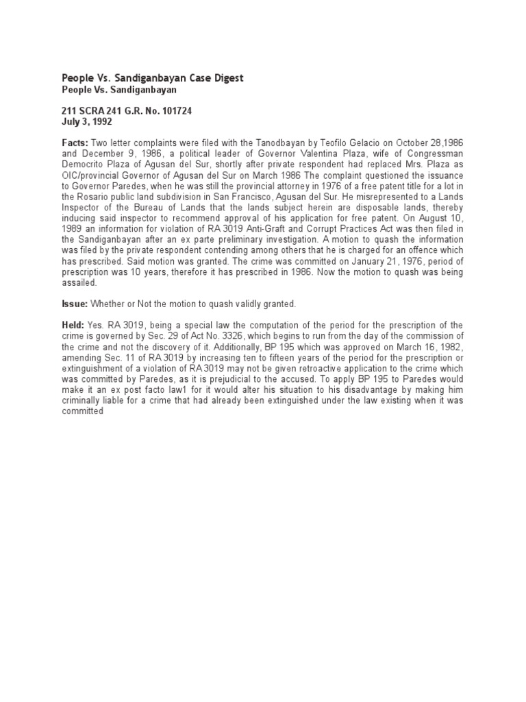 Sandiganbayan Case Digest: RA 3019 | PDF