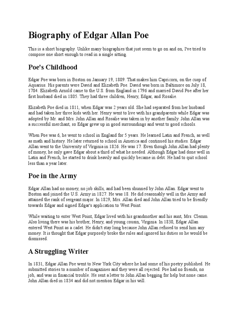 Edgar Allan Poe: A Brief Biography | PDF | Edgar Allan Poe
