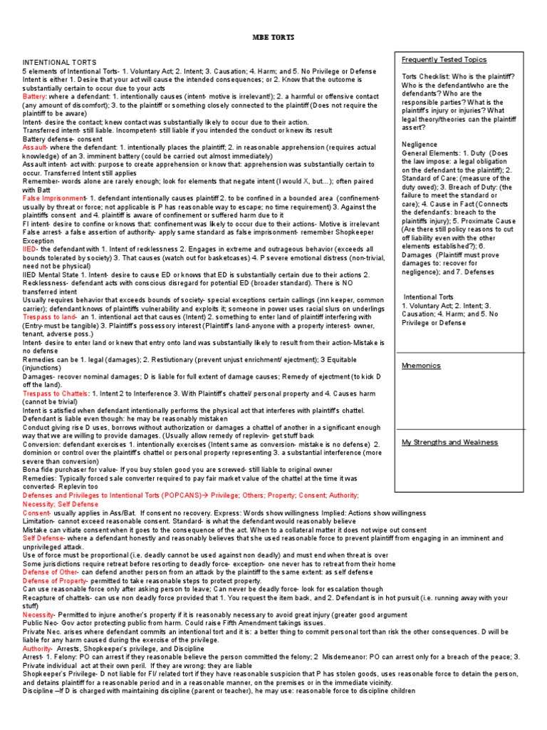 Onesheet Torts - Bar Exam | PDF | Negligence | Defamation