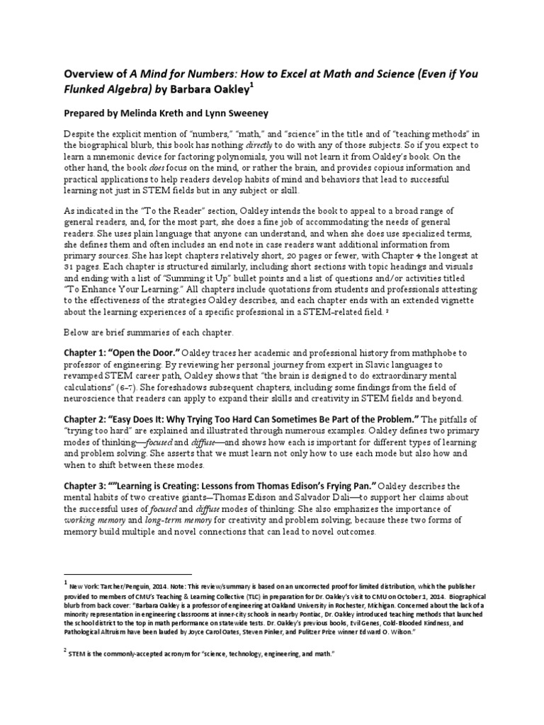 An Overview and Summary of Barbara Oakley's 'A Mind for Numbers: How to Excel at Math and ...