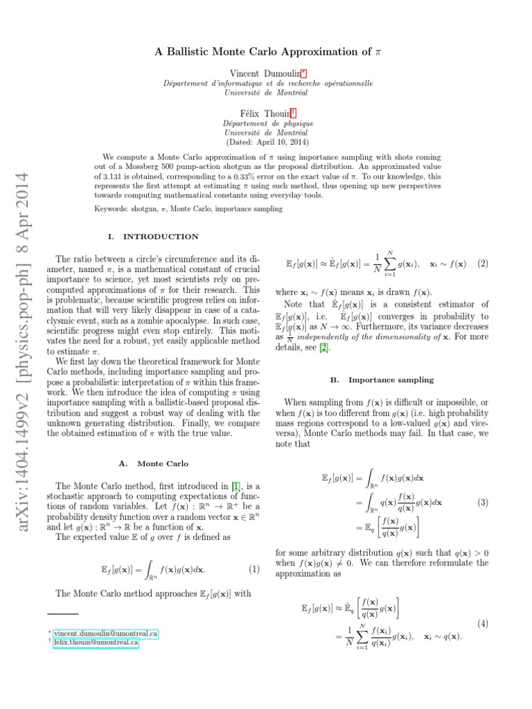 A Ballistic Monte Carlo Approximation of π | PDF | Monte Carlo Method | Pi