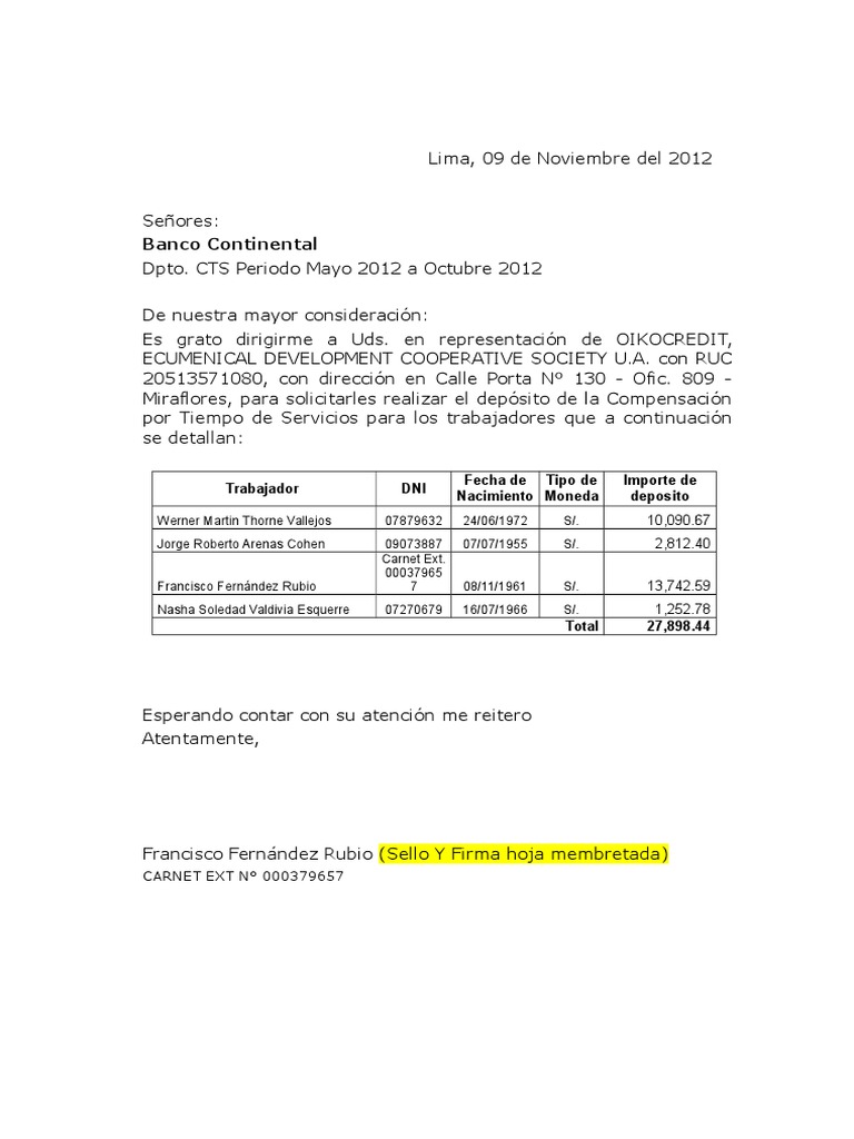 Modelo de Carta CTS | PDF | Business | Negocios (general)