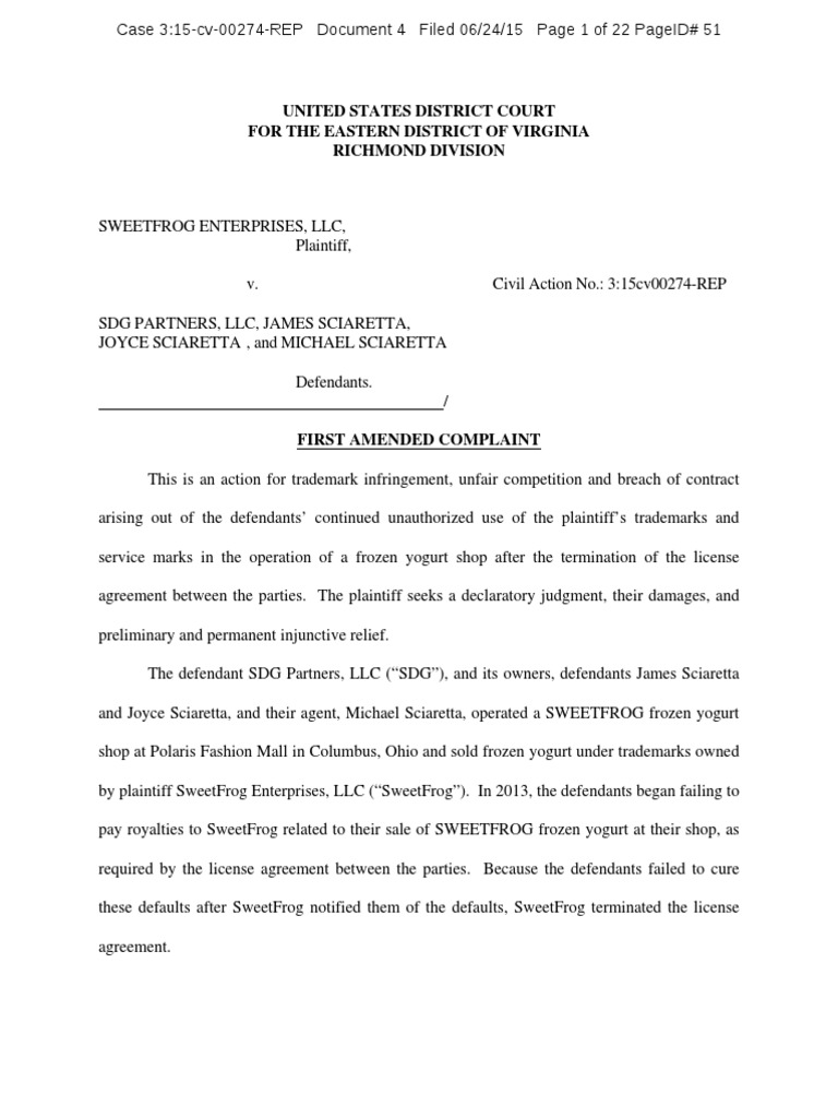 SweetFrog Frozen Yogurt Trademark Complaint PDF | Download Free PDF ...