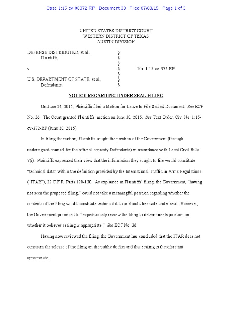 38 Def Notice Re Filing Under Seal | PDF | Courts | Government Information