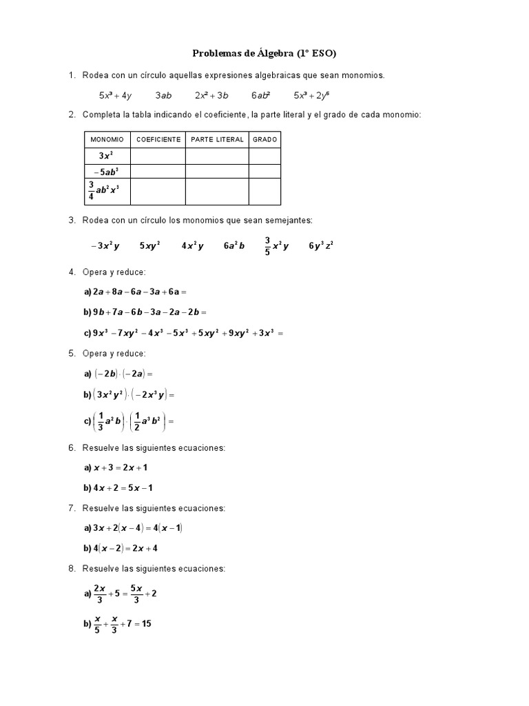 Problemas de Álgebra 1º ESO | PDF | Métodos y materiales de enseñanza