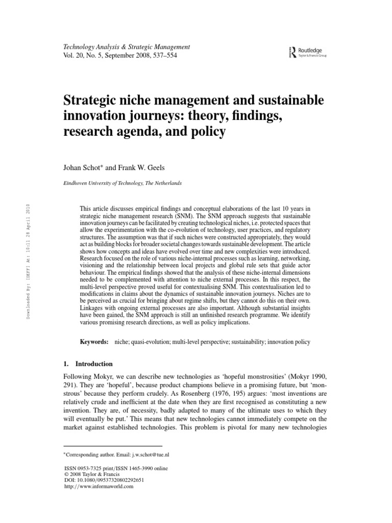 Schot J. and Geels F.W. (2008), Strategic Niche Management | PDF | Innovation | Sustainability