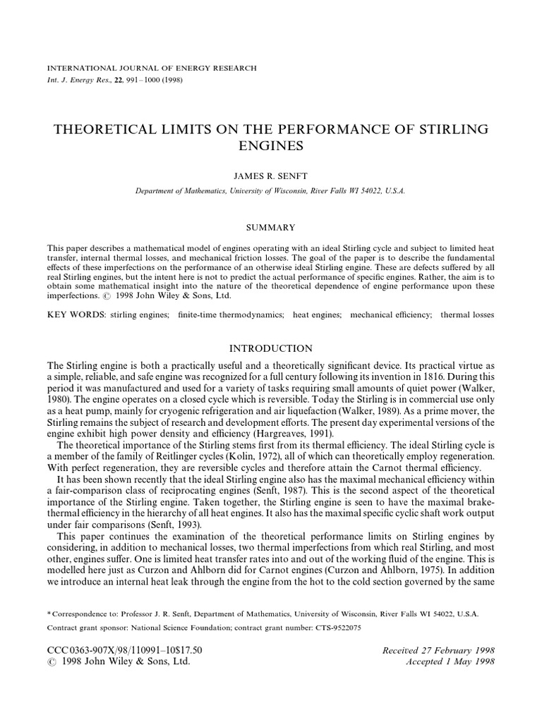 Theoretical Limits On The Performance of Stirling Engines | PDF ...