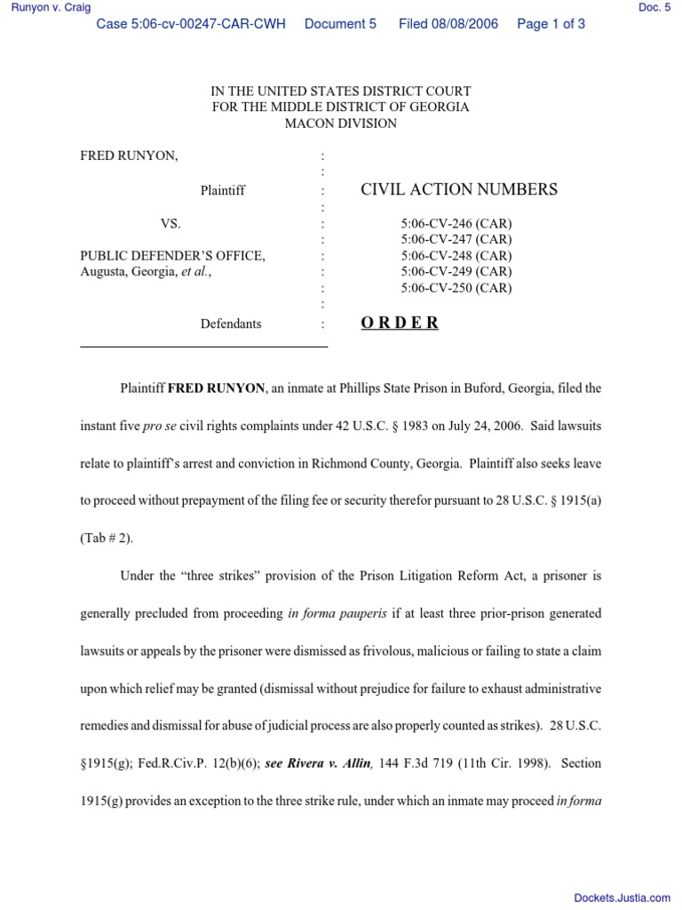 Runyon v. Craig - Document No. 5 | PDF | Prejudice (Legal Term) | Lawsuit