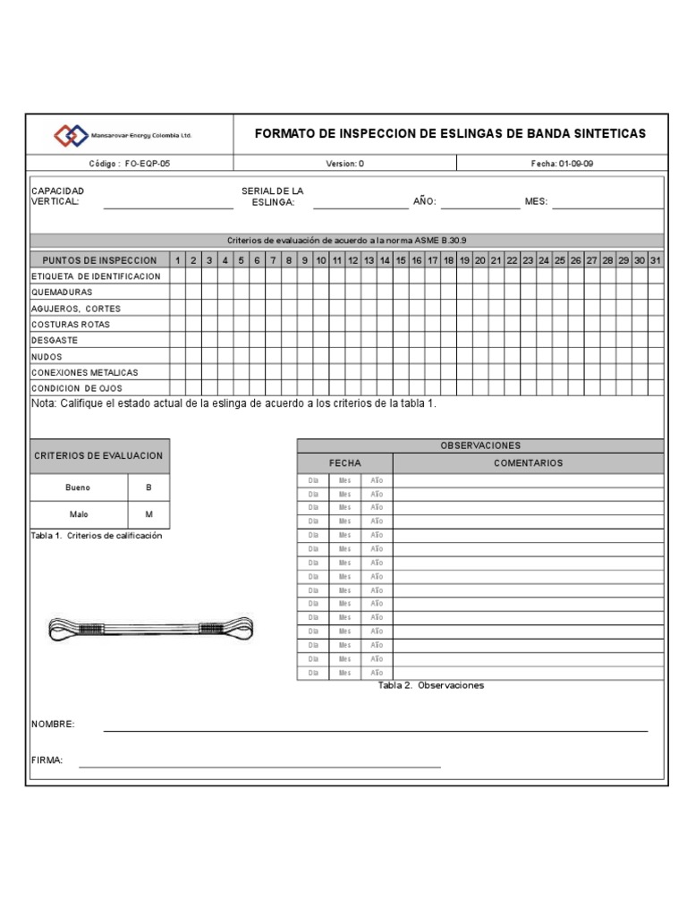 Inspection Form for Synthetic Web Sling Capacity and Condition ...