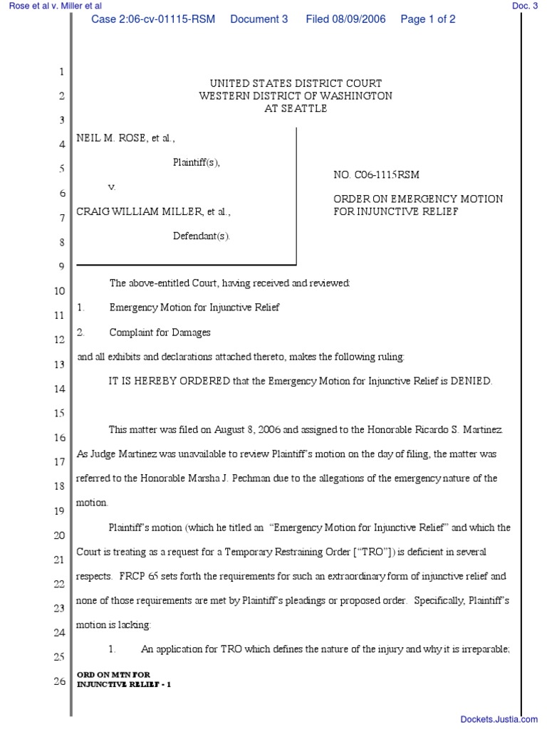 Ord On MTN For Injunctive Relief - 1 | PDF | Federal Rules Of Civil ...