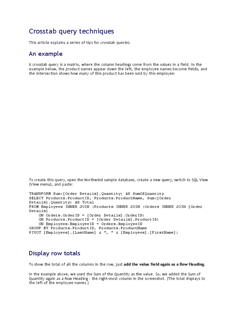 Crosstab Query Techniques Access | PDF | Parameter (Computer Programming) | Information Retrieval