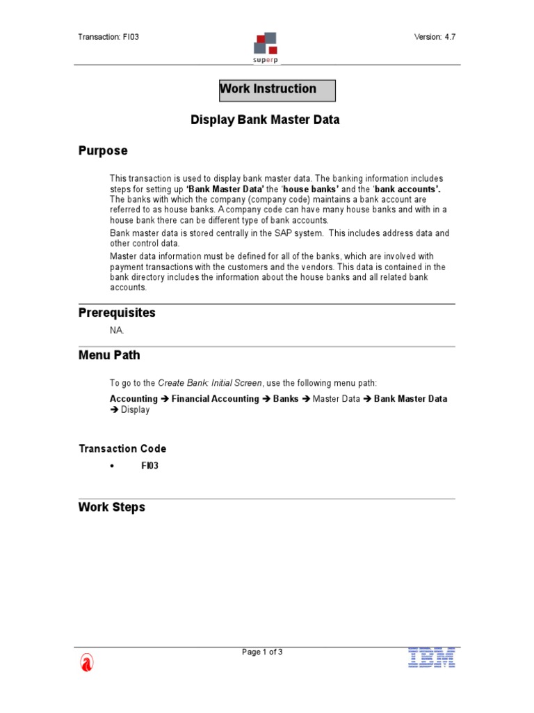 Work Instruction Display Bank Master Data Purpose: Transaction Code | PDF