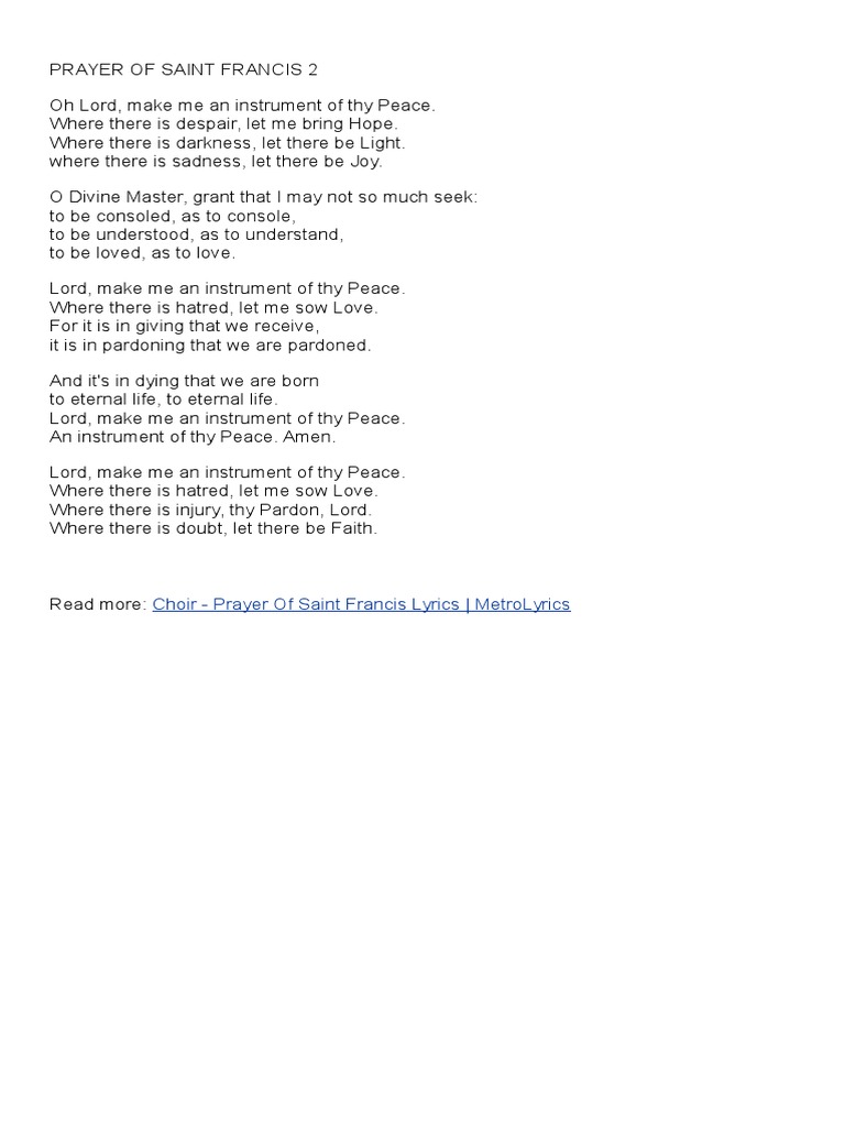 Choir - Prayer of Saint Francis Lyrics - Metrolyrics | PDF
