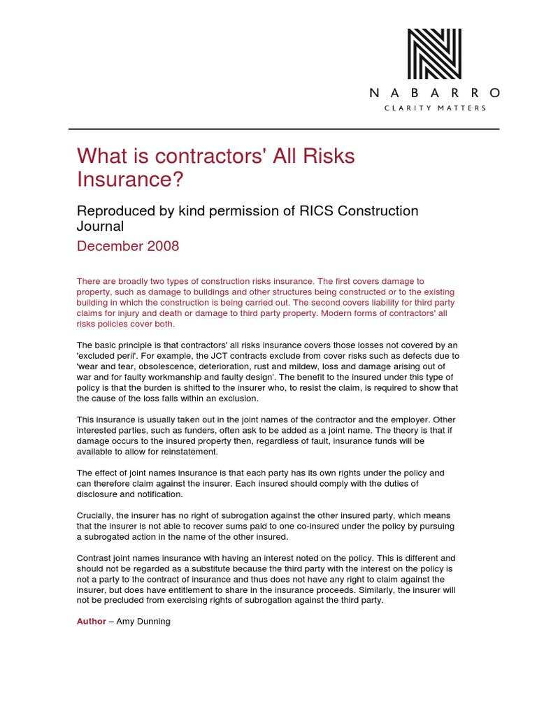 Contractors All Risks Insurance | PDF