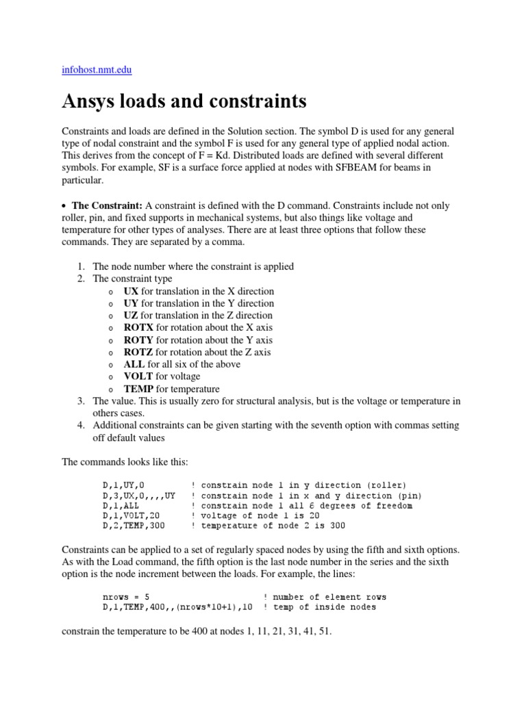 Ansys Loads and Constraints: Infohost - Nmt.edu | Download Free PDF ...