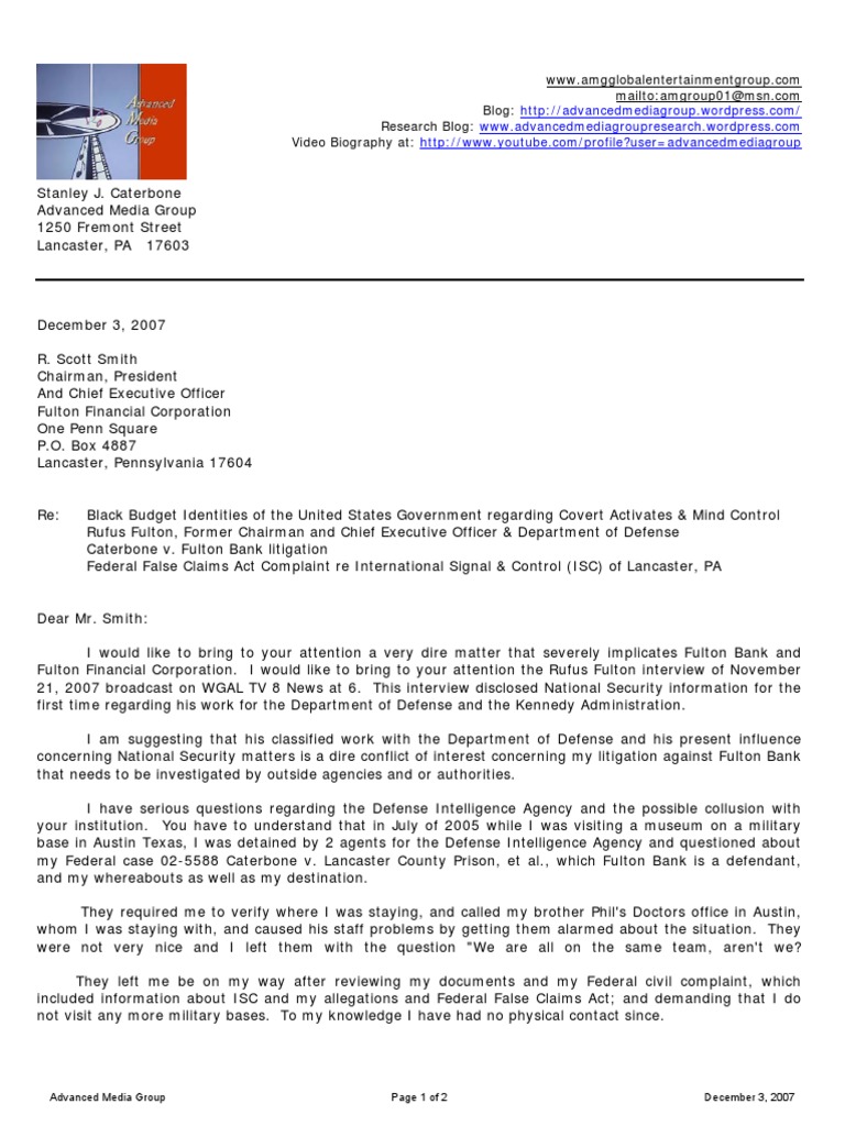 Letter To R Scott Smith Fulton Bank Dec 3 2007 | PDF | Electromagnetic ...