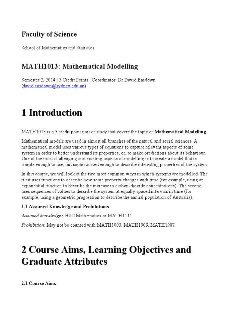 Mathematical Modelling (Math1013) Course Outline | PDF | Recurrence Relation | Equations