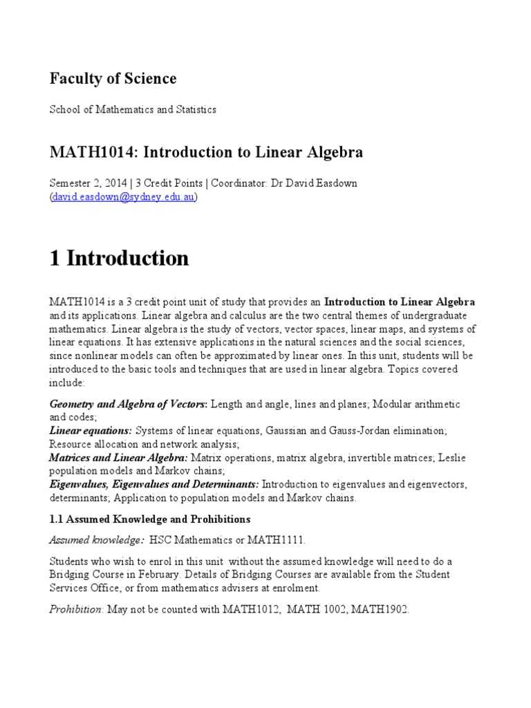 Linear Algebra (Math1014) Course Outline | Linear Algebra | Matrix ...