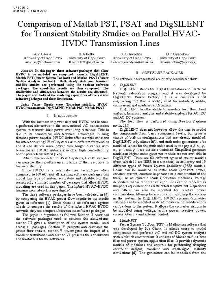 Comparison of Matlab PST, PSAT and DigSILENT for transient stability ...