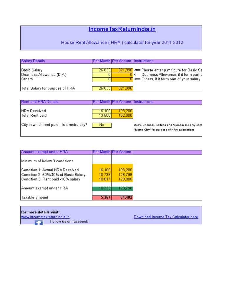 Incometaxreturnindia - In: House Rent Allowance (Hra) Calculator For ...