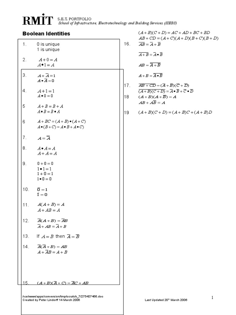 Boolean Identities: 1. 0 Is Unique 1 Is Unique 2. 0 16 | PDF