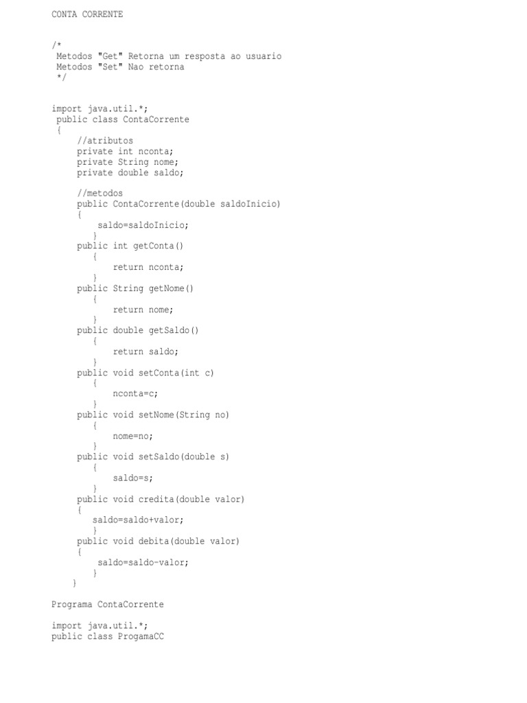 Exercicio em Java Conta Corrente | PDF | Métodos e Materiais de Ensino | Computadores