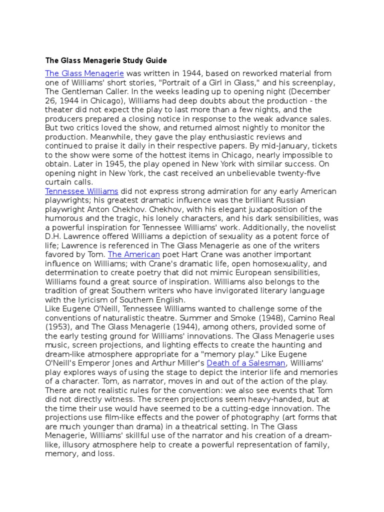 The Glass Menagerie Study Guide | PDF