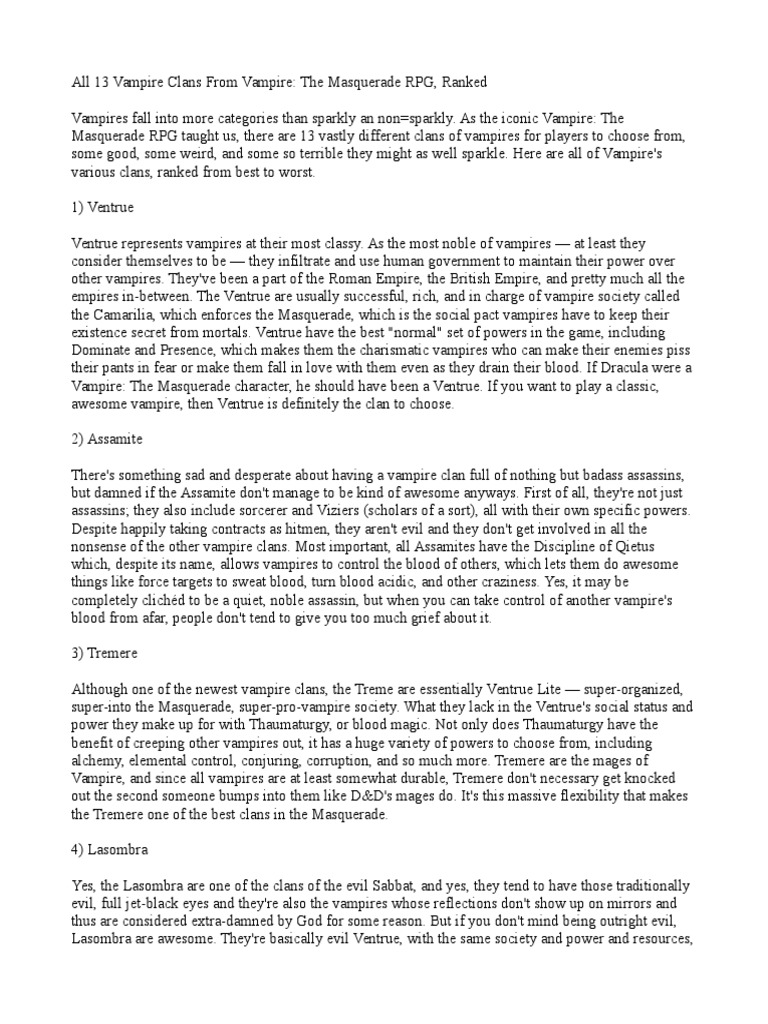 All 13 Vampire Clans From VampireThe Masquerade RPG, Ranked | Vampires ...