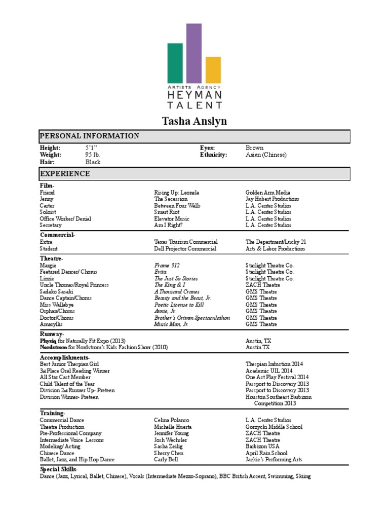 Tasha Anslyn: Acting & Dance Resume | PDF