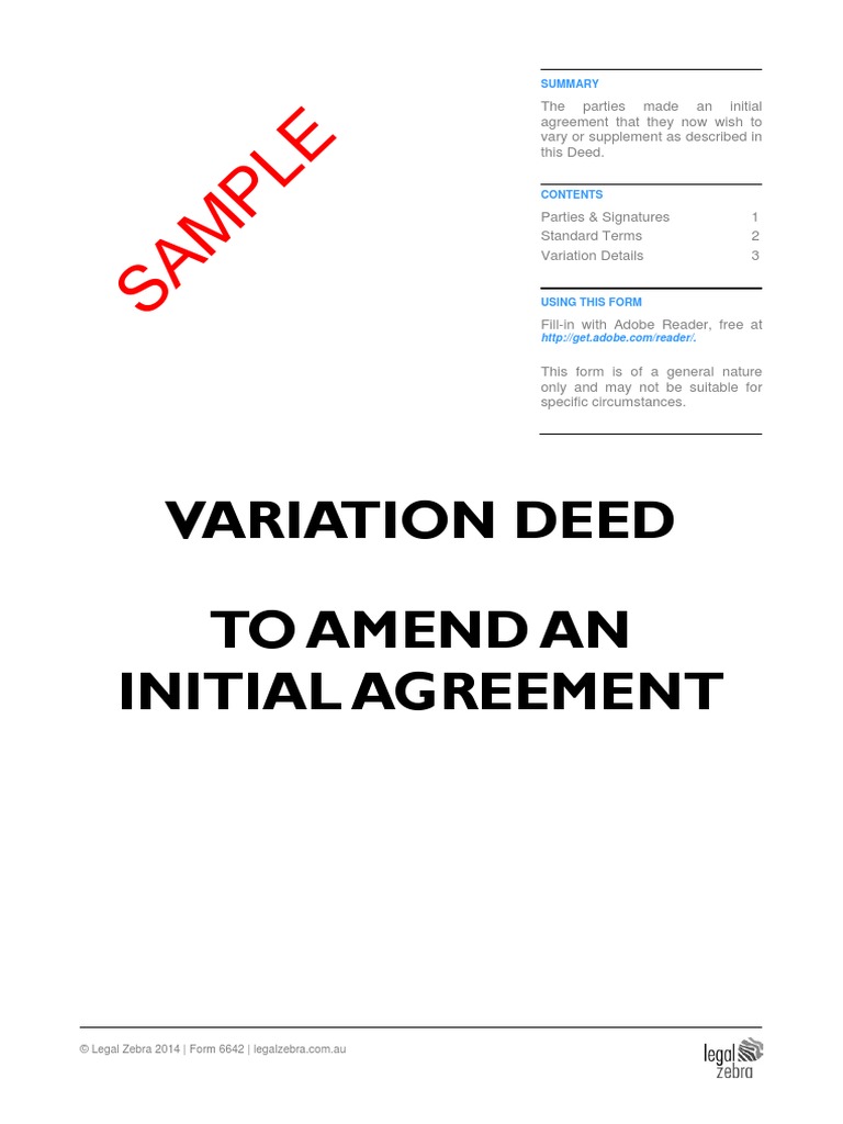 Variation Deed (To Amend An Initial Agreement) - Template Sample | PDF ...