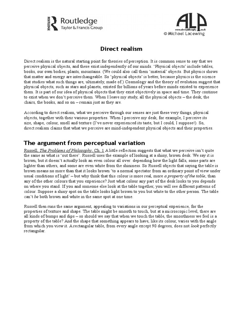 Direct Realism:, Ch. 1 A Little Reflection Suggests That What We ...