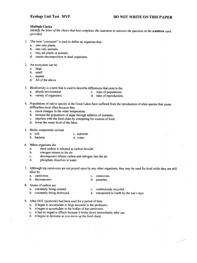 Ecology Unit Test | PDF