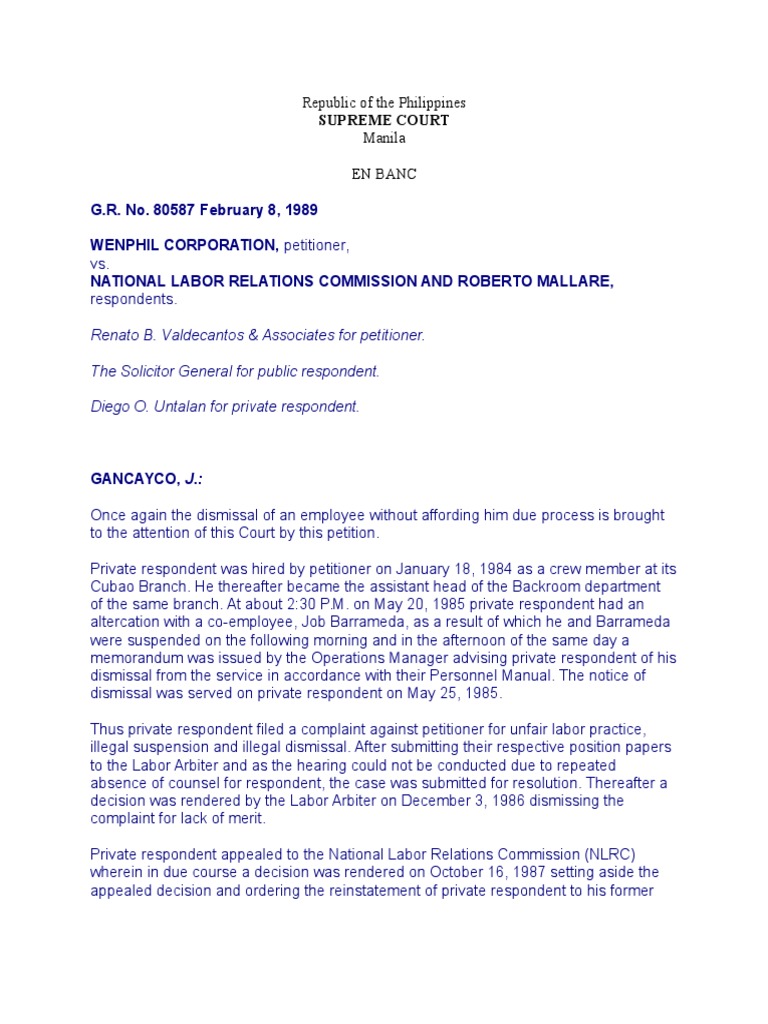 WenPhil Vs NLRC | PDF | Due Process Clause | Employment