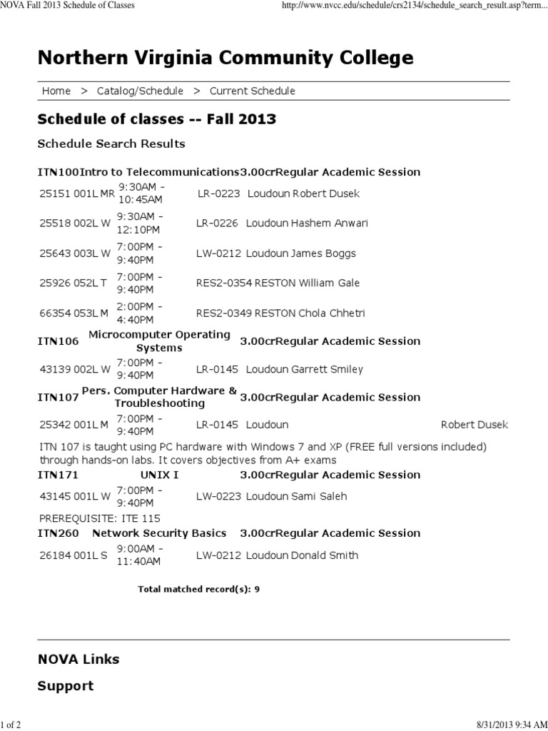 NOVA Fall 2013 Schedule of Classes | PDF