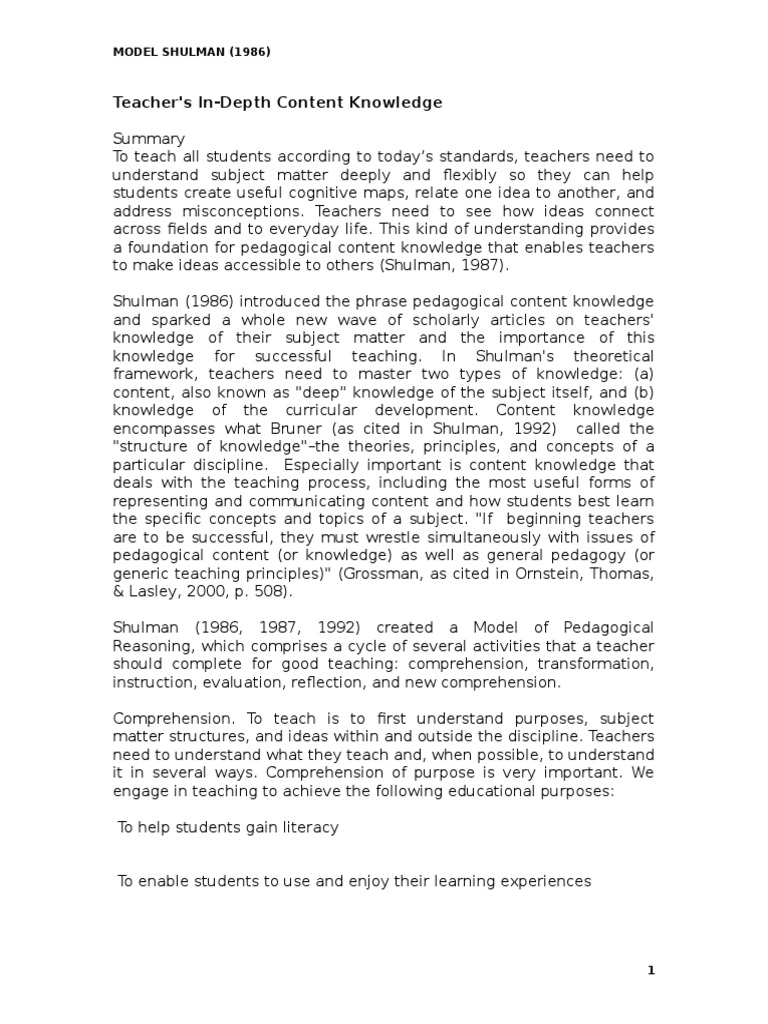 Teacher's In-Depth Content Knowledge: Model Shulman (1986) | PDF ...