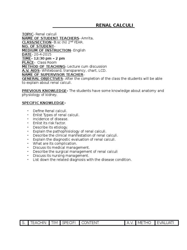 Lesson Plan Renal Calculi | PDF | Kidney | Medicine