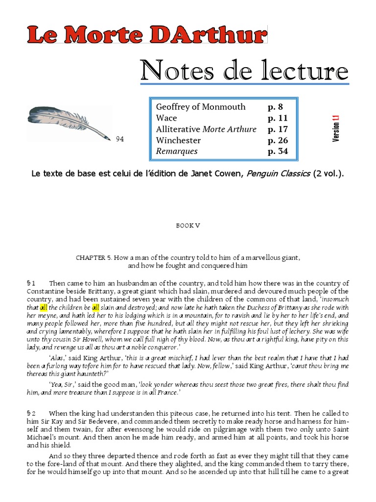 "Le Morte DArthur": Notes de Lecture Volet 94 | PDF | Arthurian Legend