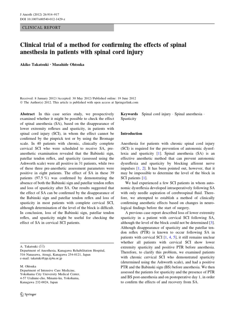 Art 3A10.1007 2Fs00540 012 1429 Z | PDF | Anesthesia | Spinal Cord Injury