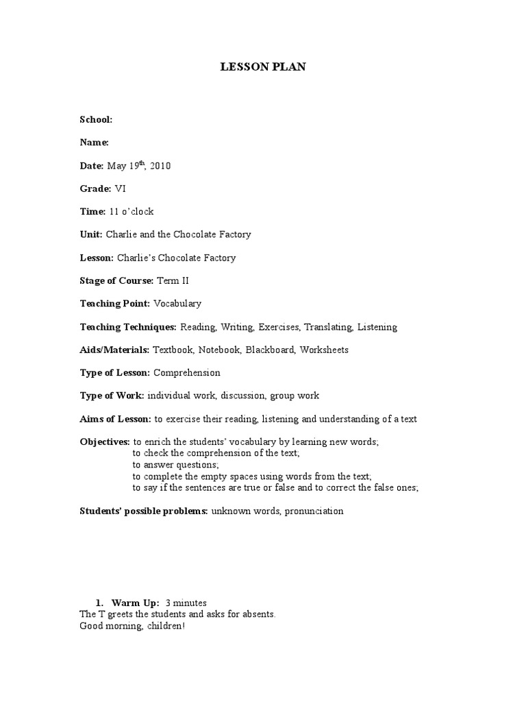 Charlie and the Chocolate Factory Lesson Plan | PDF | Reading ...