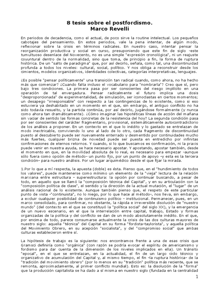Ocho Tesis Sobre El Postfordismo | PDF