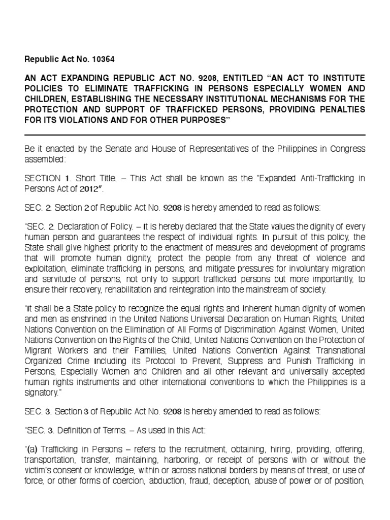 RA-Republic Act No. 10364 | Human Trafficking | Sexual Slavery