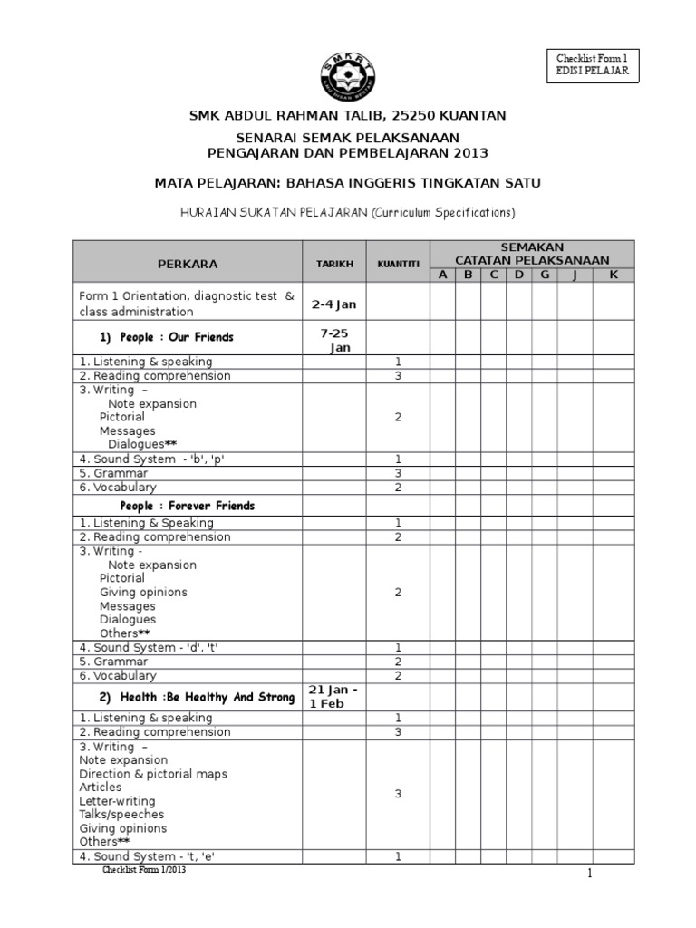 Form 1 English Teaching Checklist 2013 | PDF | Reading Comprehension ...