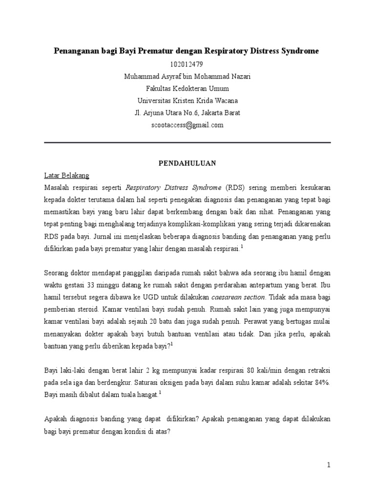Respiratory Distress Syndrome Pada Bayi Prematur | PDF