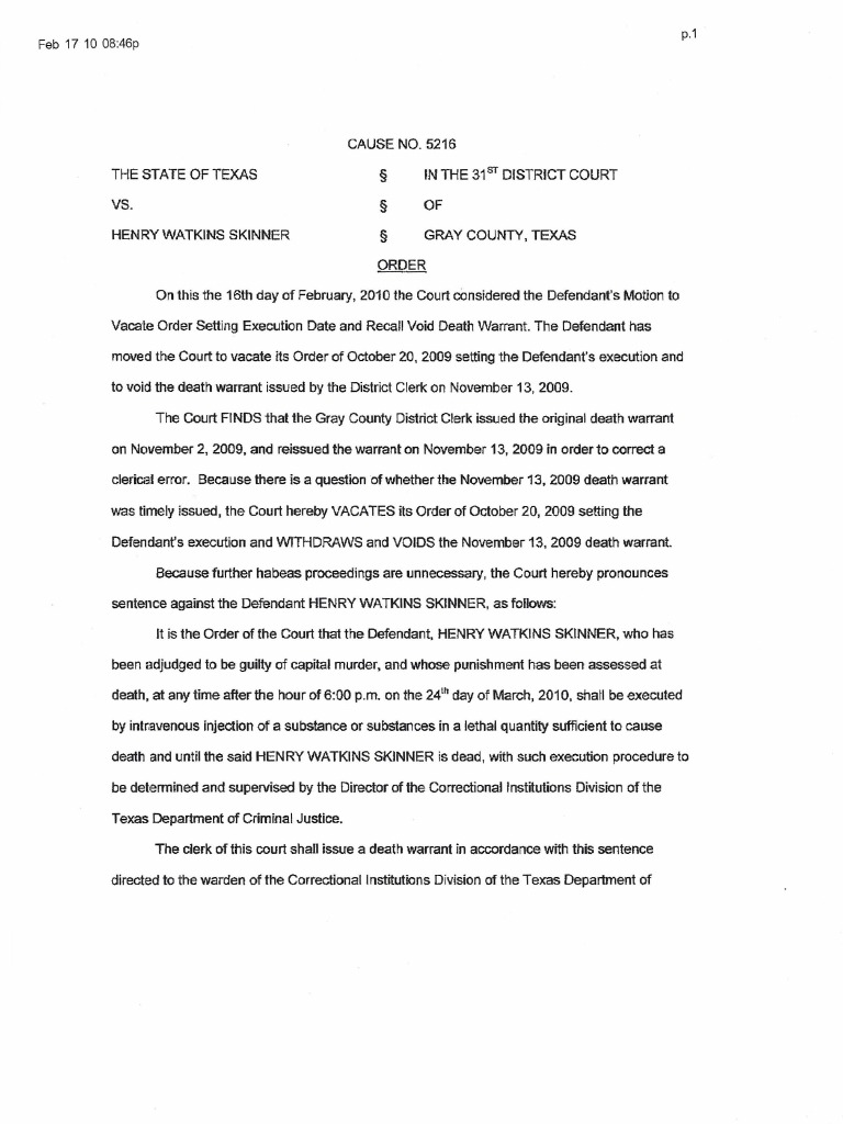 Hank Skinner Order Vacating Execution Date | PDF | Capital Punishment ...
