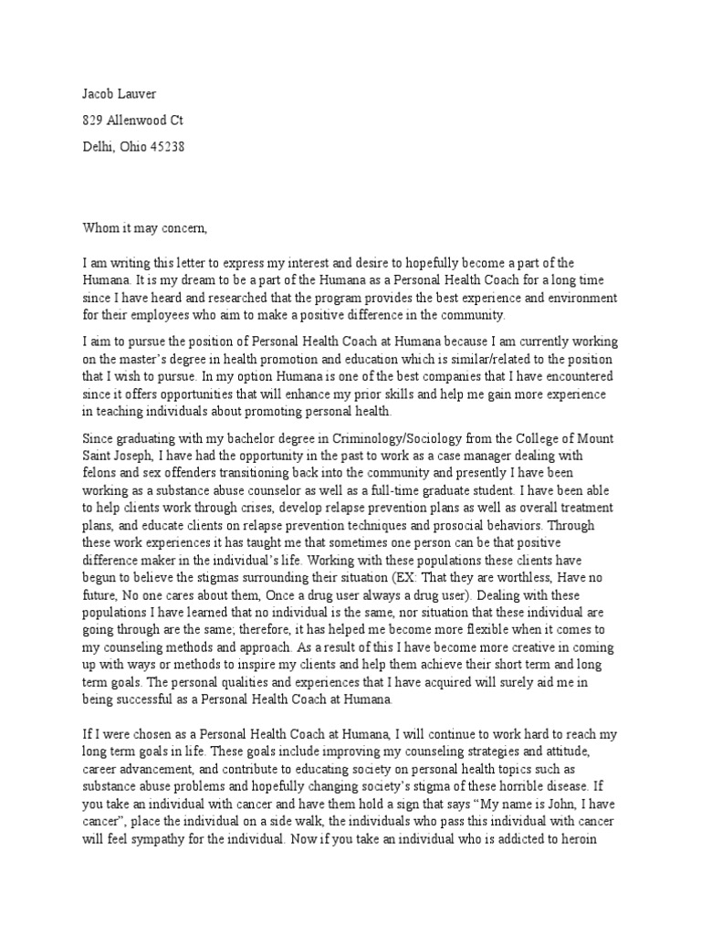 Cover Letter | PDF | Substance Abuse | Relapse