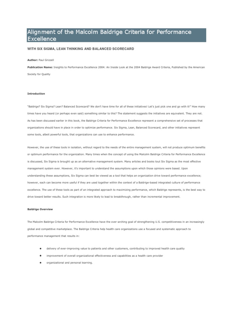 Alignment of The Malcolm Baldrige Criteria For Performance Excellence ...